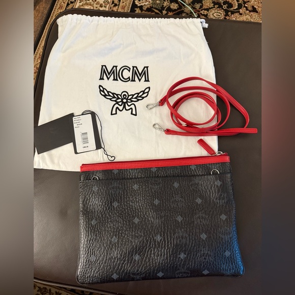 MCM | Bags | Mcm Visetos Crossbody Pouch Black And Red | Poshmark